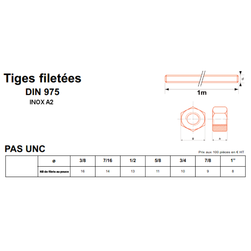 Tige Filetée Inox A2 Pas UNC - Tige Filetée - Vis Américaines
