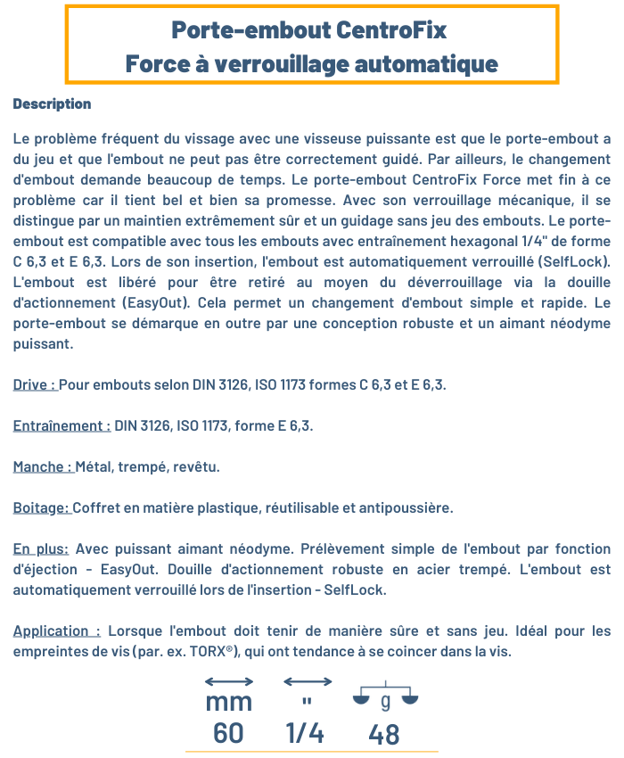 Porte-Embout 1/4 A Changement Rapide Centrofix Force Magnétique 39133