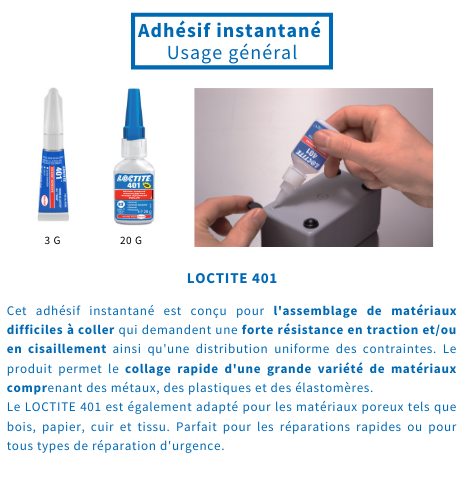 Adhésif instantanée Loctite 401 20G - Colles Instantannées - Collages ...